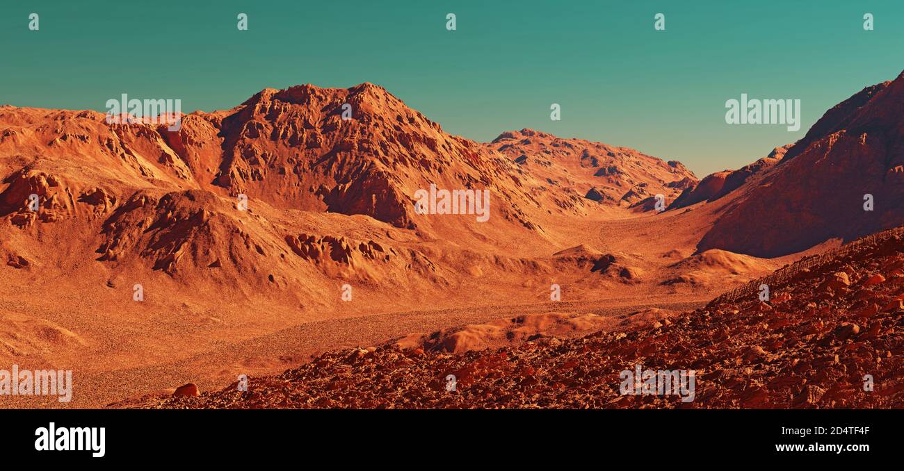 Mars landscape, 3d render of imaginary mars planet terrain, science ...