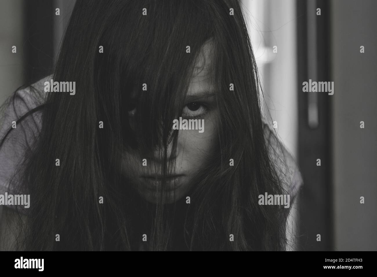 Closeup portrait of little girl in state of melancholy. Portrait of ...