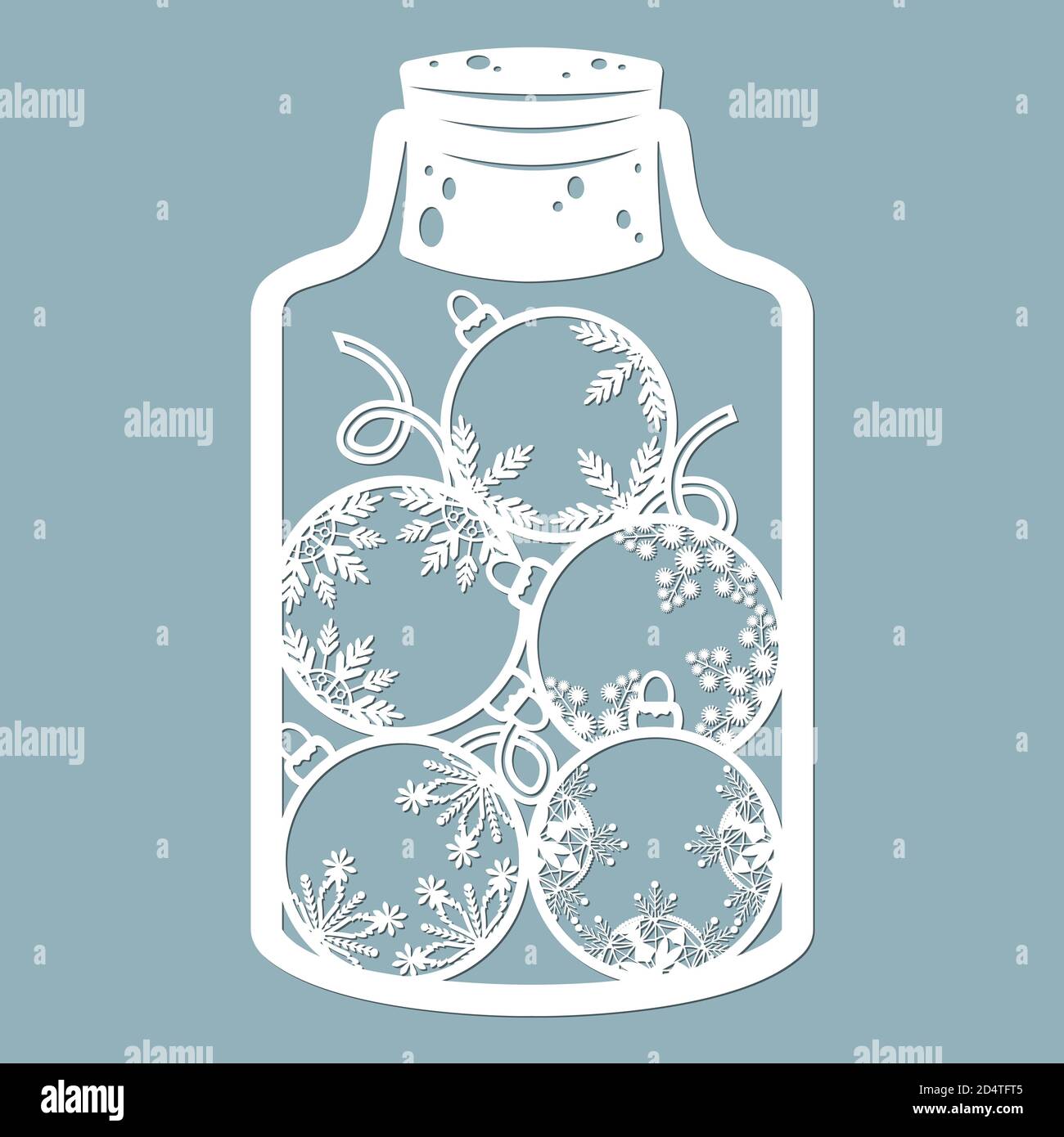 Christmas toys, balloons in the trees in a glass jar. With snowflakes ...