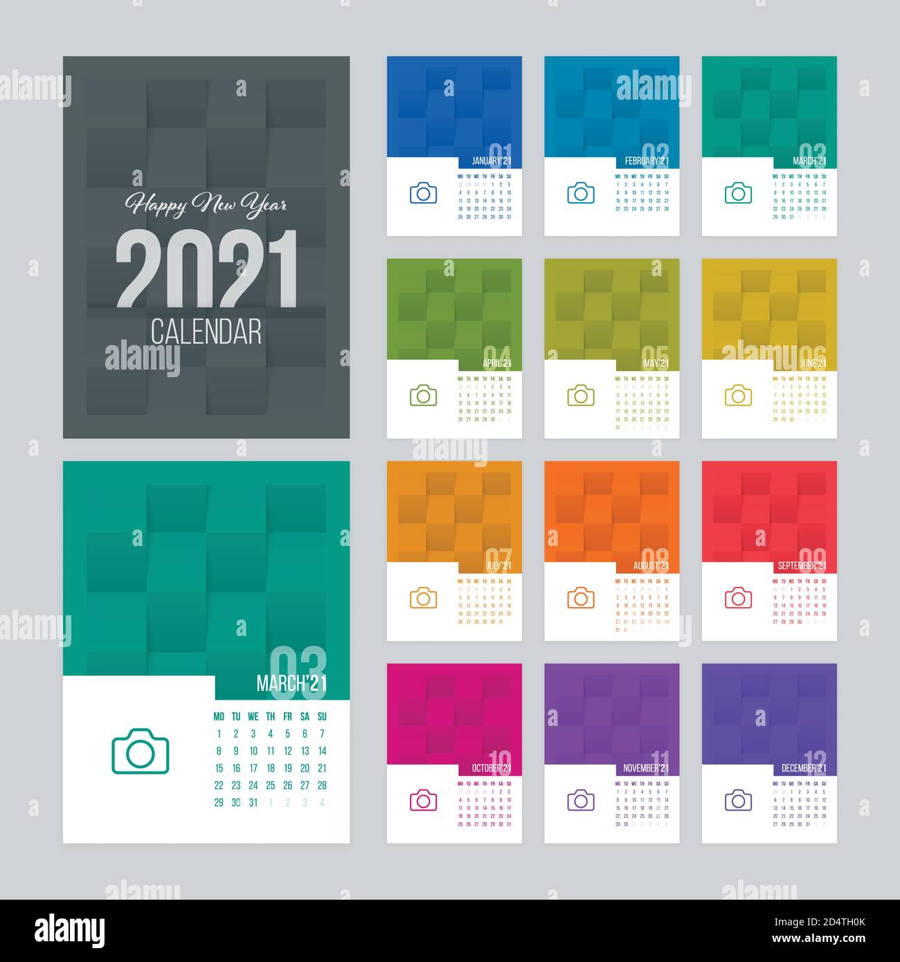 Calendar 2021 vector design with 12 pages and folded paper textured ...