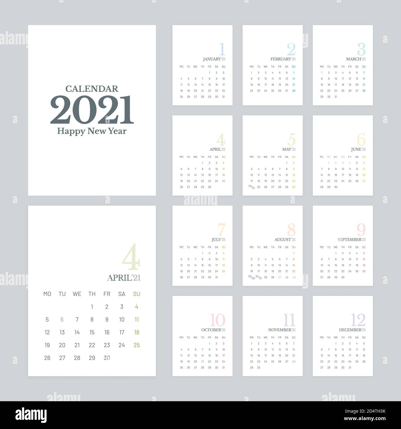 Simple calendar 2021 vector design with 12 pages on white background ...