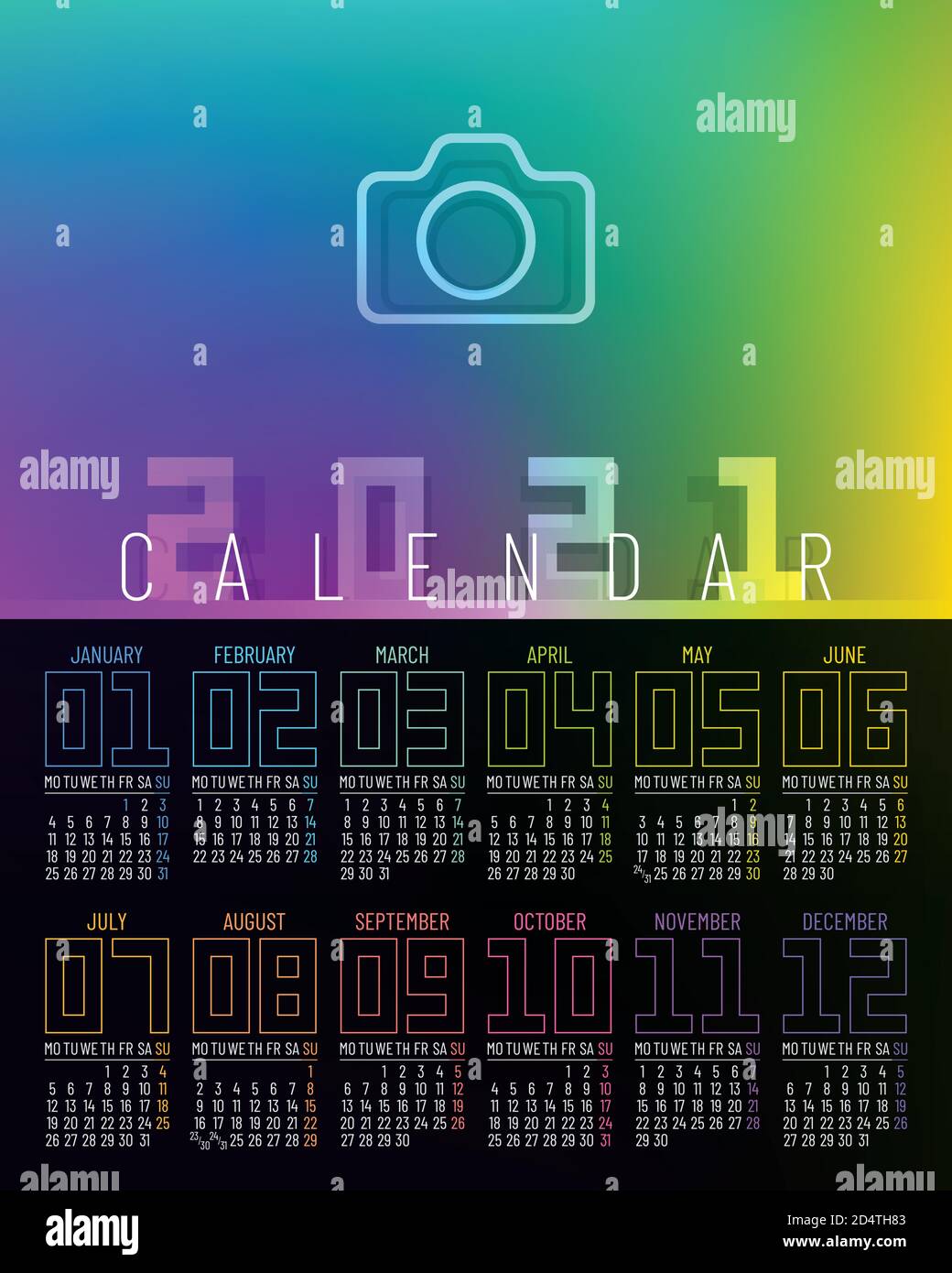 Poster calendar 2021 vector design with 12 pages and rainbow colors ...