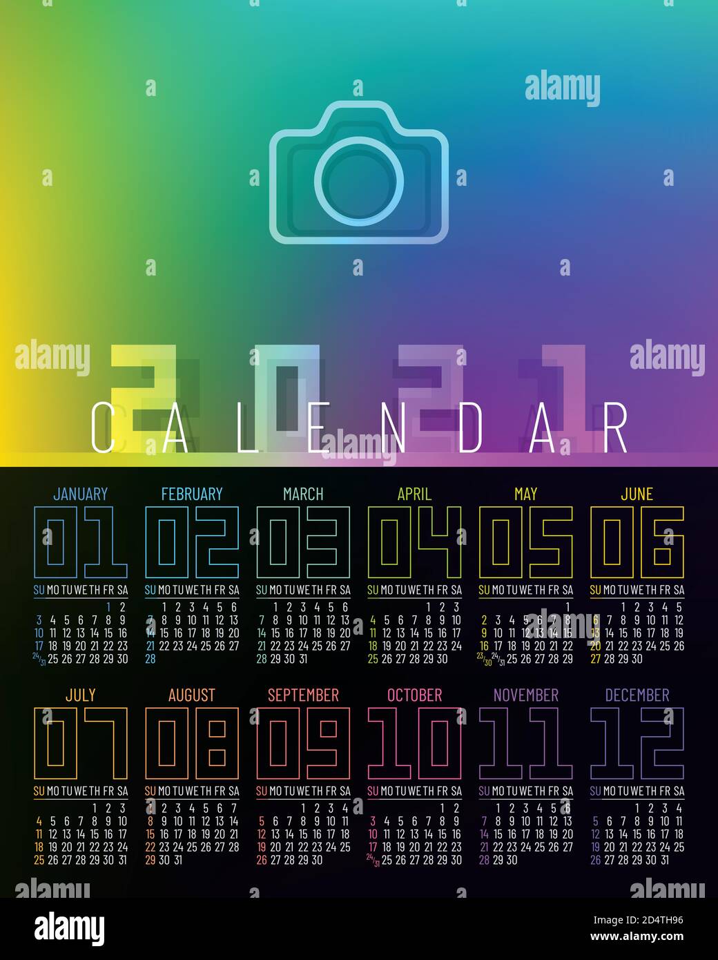 Poster calendar 2021 vector design with 12 pages and rainbow colors ...