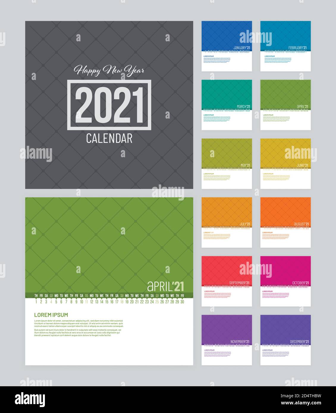Colorful linear calendar 2021 vector template with 12 pages. Week ...