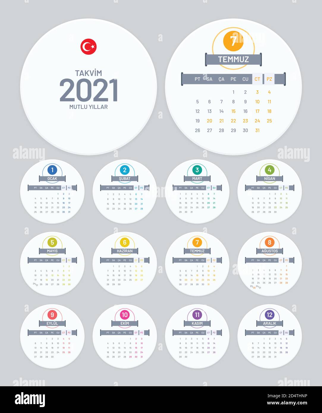 Calendar 2021 template in round form for Turkey. Circle badge calendar ...