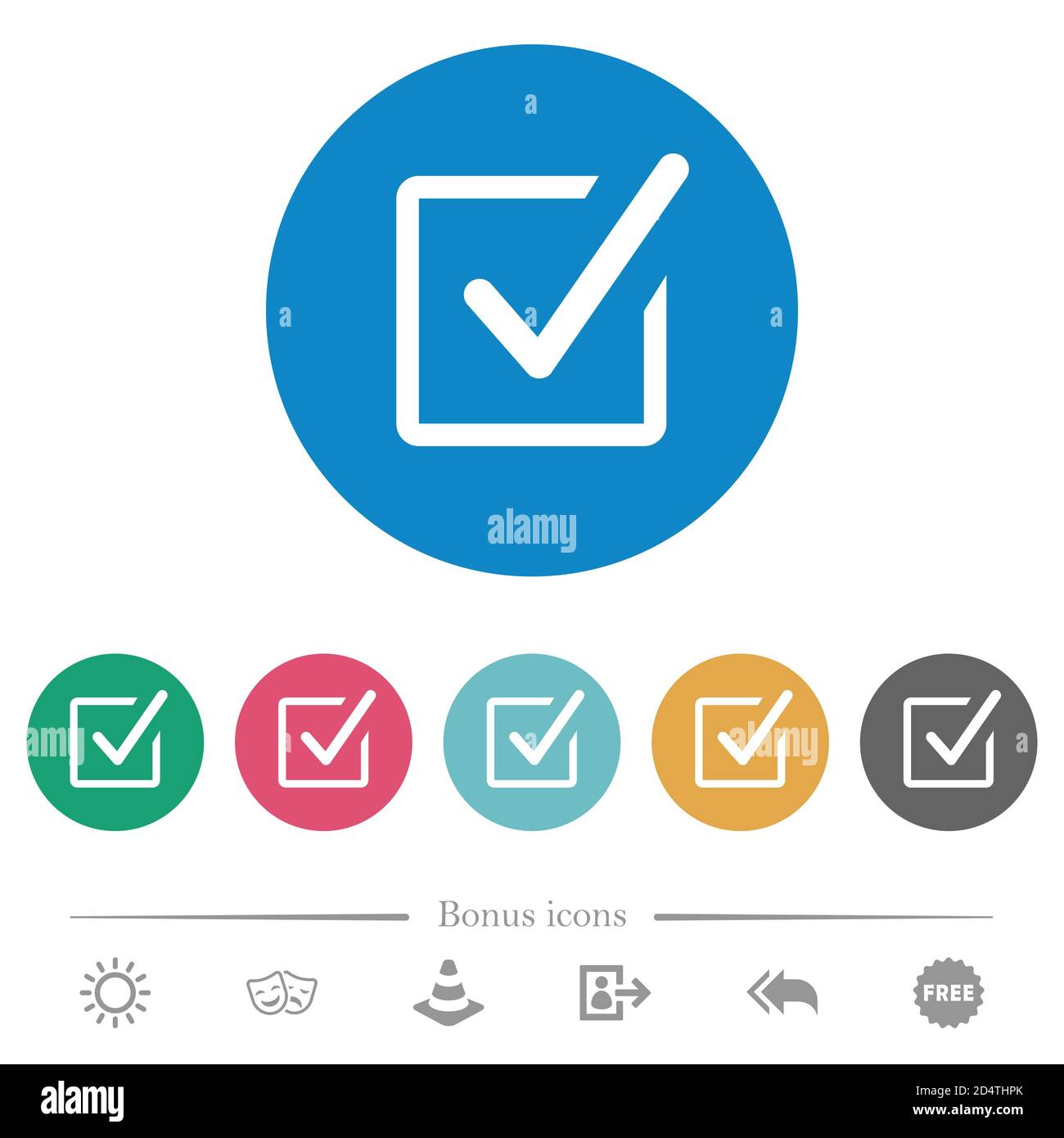 Checked box flat white icons on round color backgrounds. 6 bonus icons included Stock Vector ...