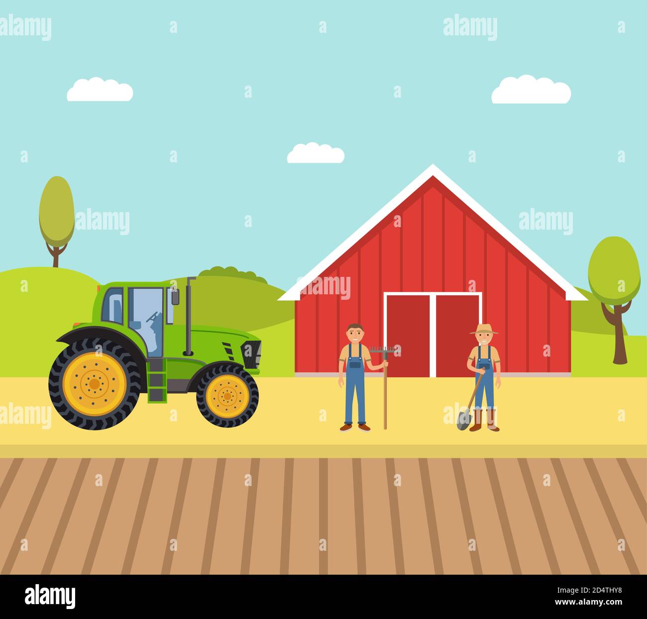 Rake and shovel. A rural landscape in flat style with characters a ...