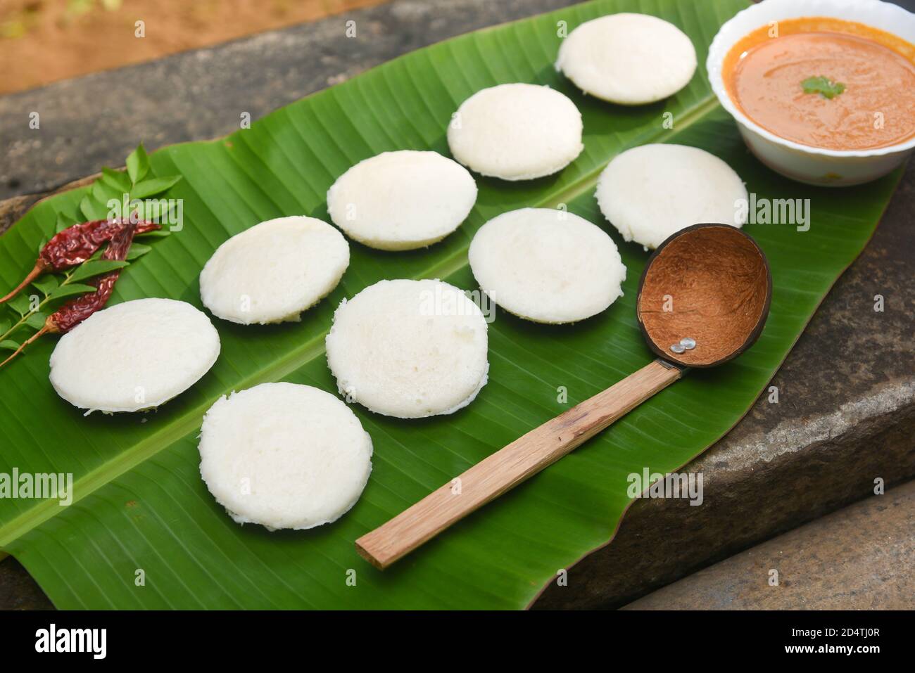 Indian idly served on traditional vegetarian food. Lots of many fresh ...