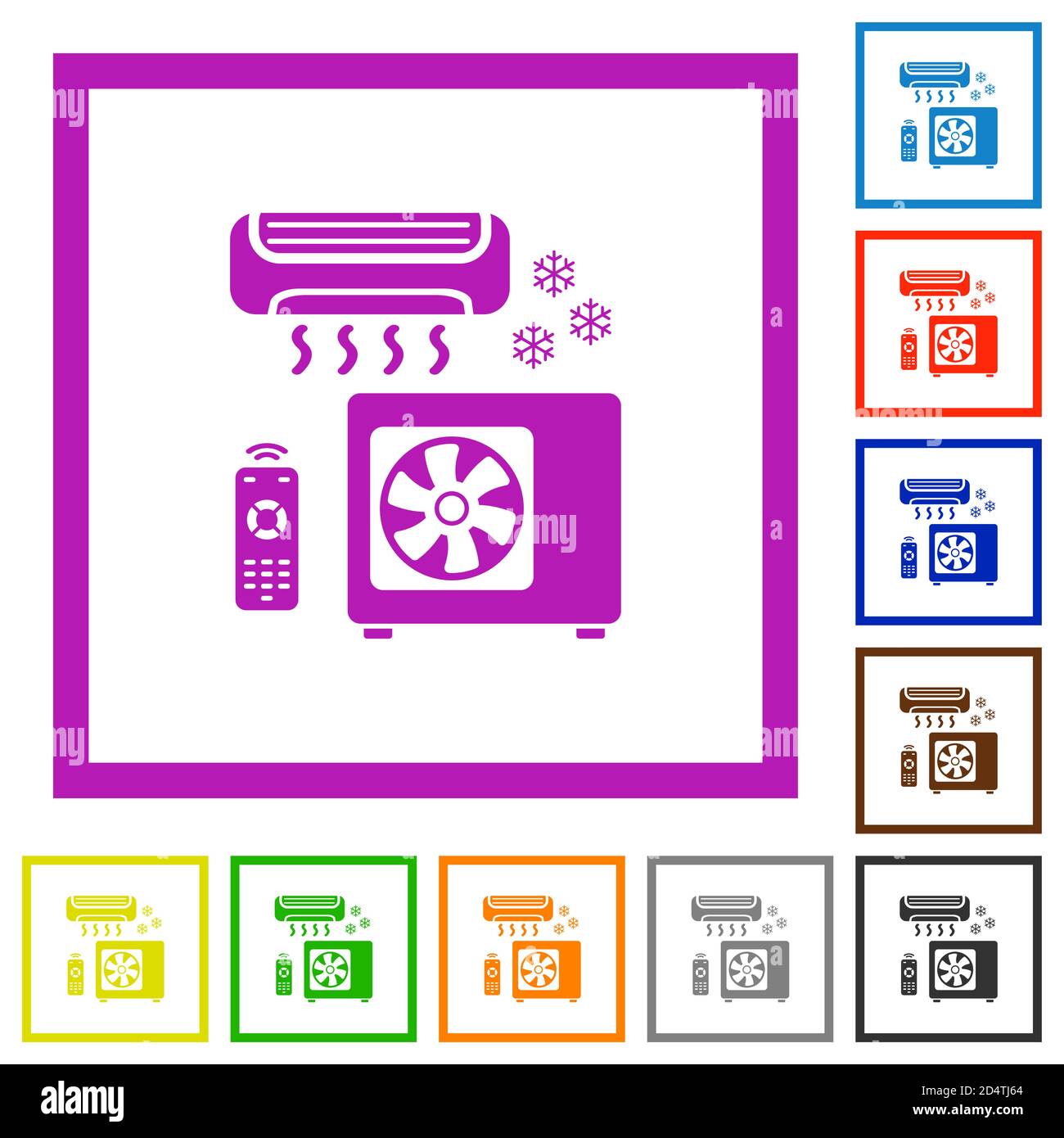 Air conditioning system flat color icons in square frames on white ...