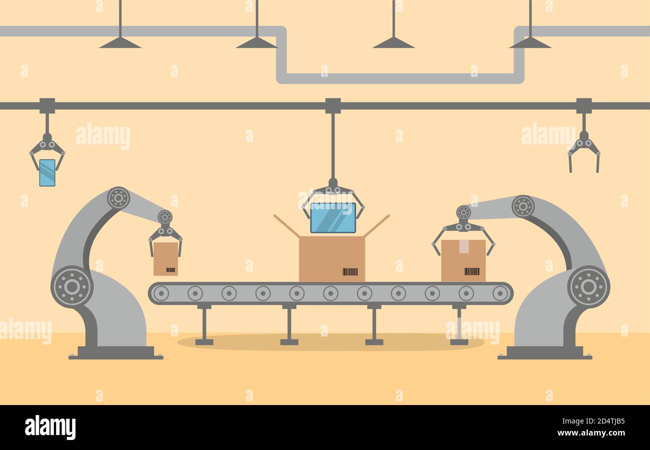 Robotic hand,arm,pointing device. Production Line with Cardboard Boxes ...