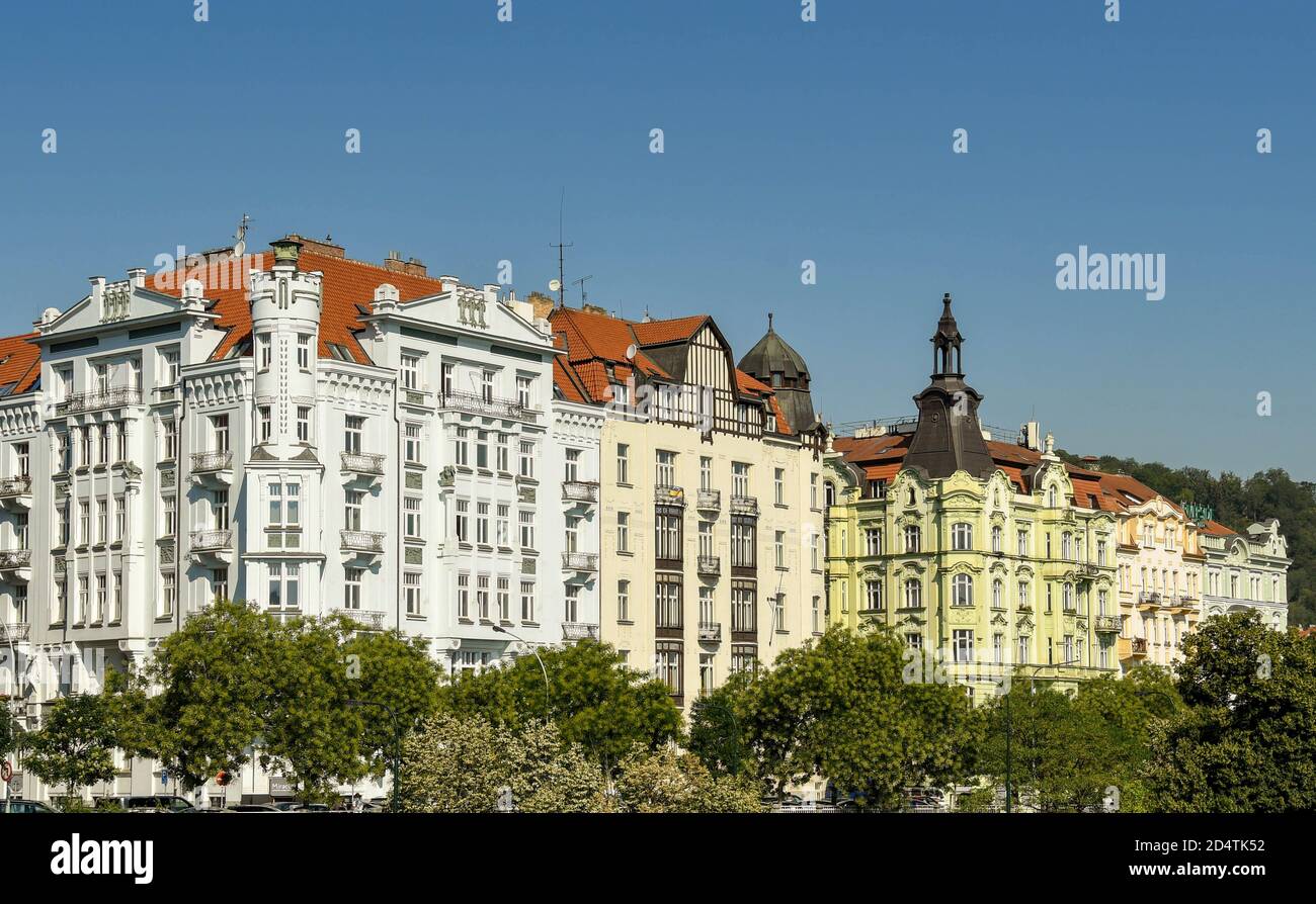 Prague, Czech Republic - July 2018: Restored old buildings in Prague ...