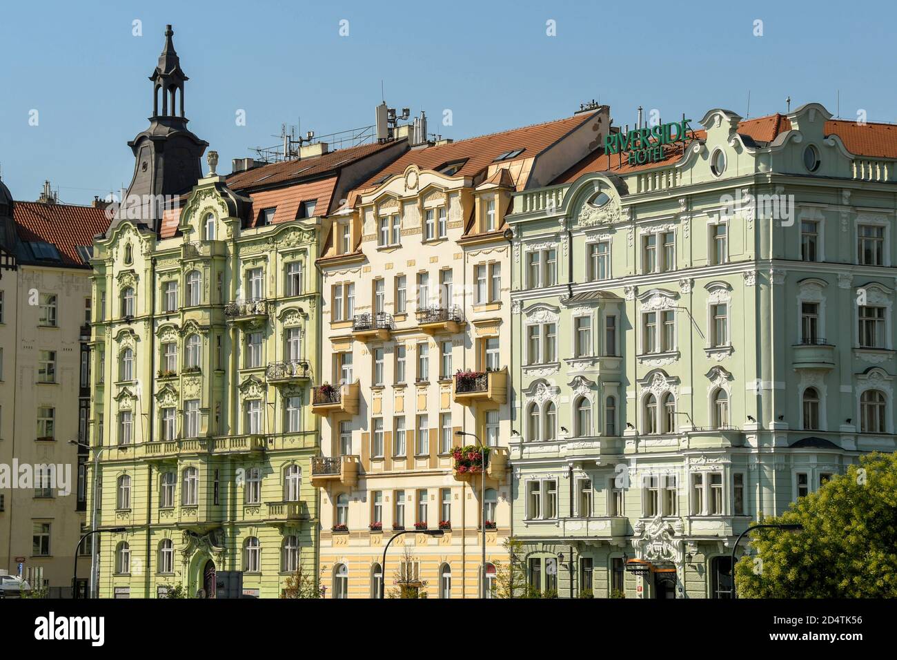 Prague, Czech Republic - July 2018: Exterior of the front of apartment ...