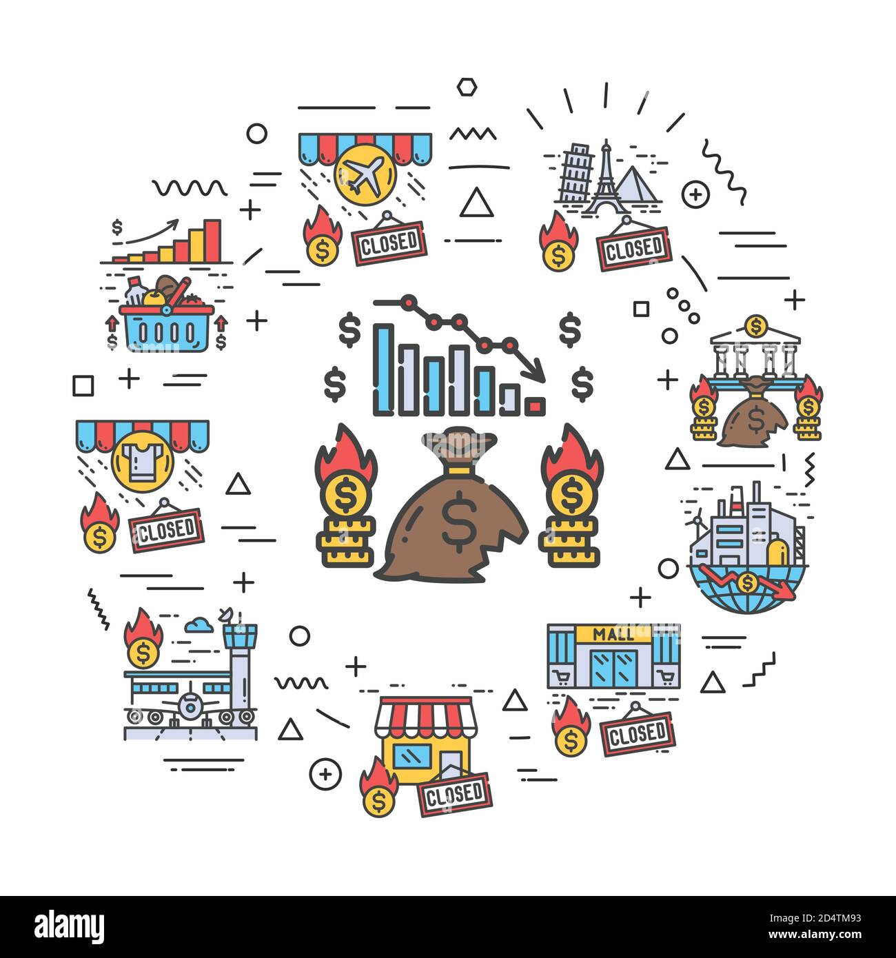 Economic crisis web banner. Infographics with linear icons on white ...