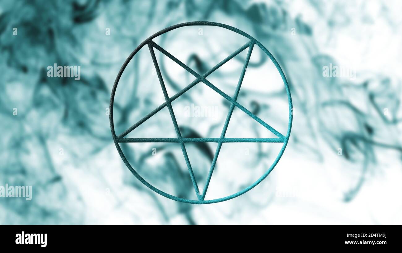 Inverted pentagram in the air. Turquoise smoke on a white background ...