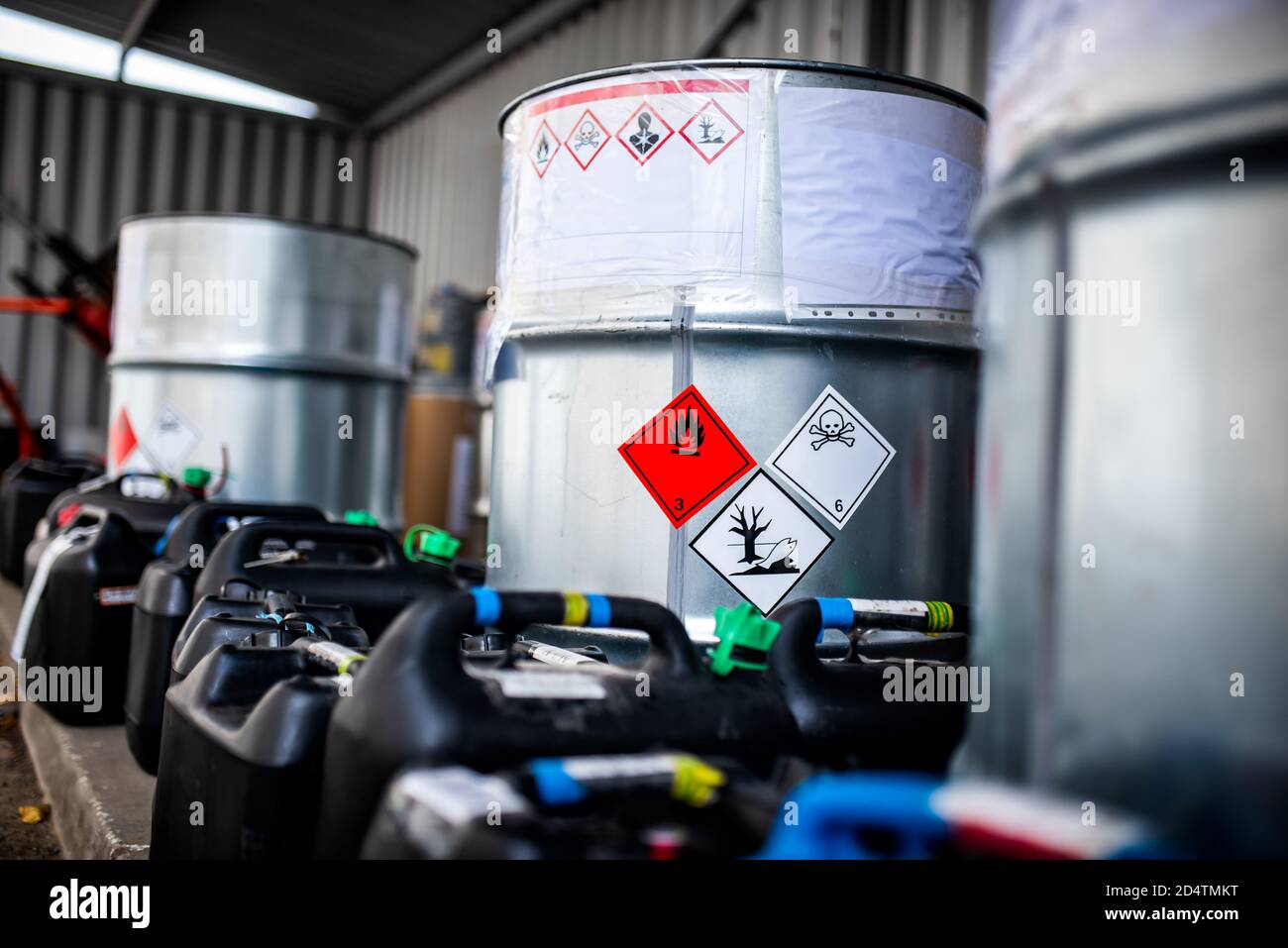 The storage of toxic waste and chemicals in metal cans on the factory ...