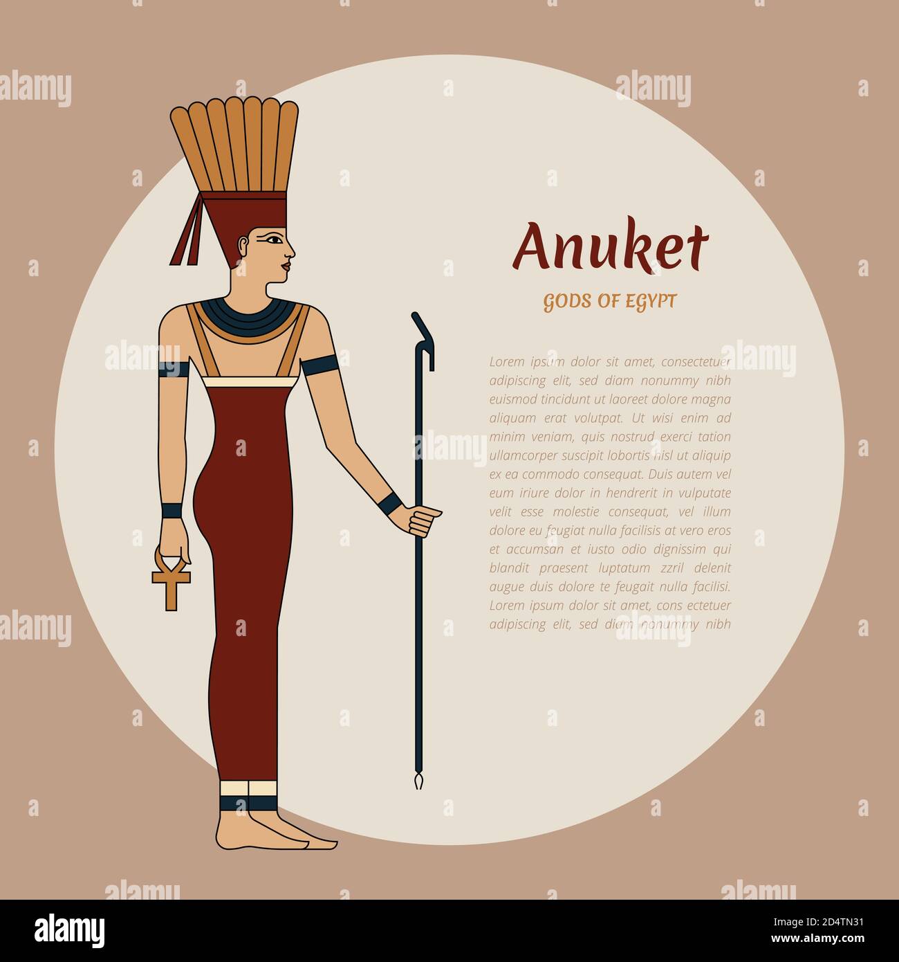 Egyptian goddess Anuket. The woman is holding a staff. On the head are ostrich feathers. Ankh ...
