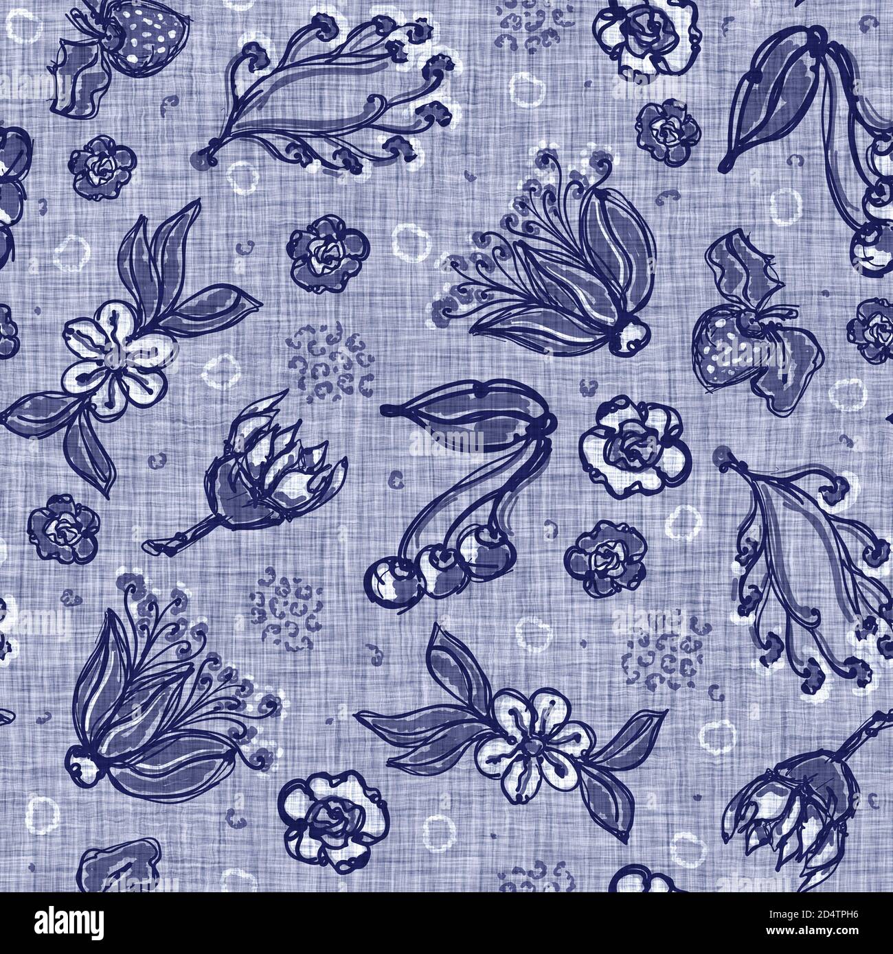 Indigo blue flower block print dyed linen texture background. Seamless ...