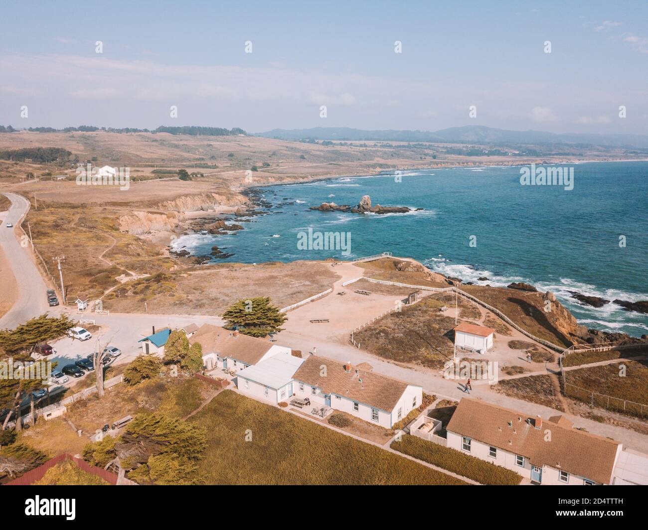 Aerial view of a coastal area near the famous Pigeon Point lighthouse ...