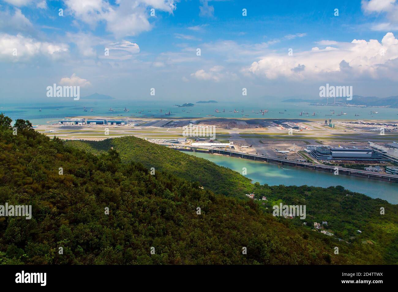 Aerial view of the Lantau Island with the new bridge in Hong Kong on a ...
