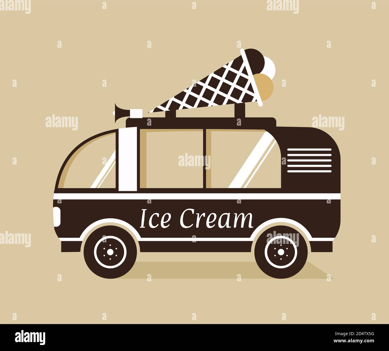 Ice cream van. Street food. Waffle cone with chocolate ice cream balls ...