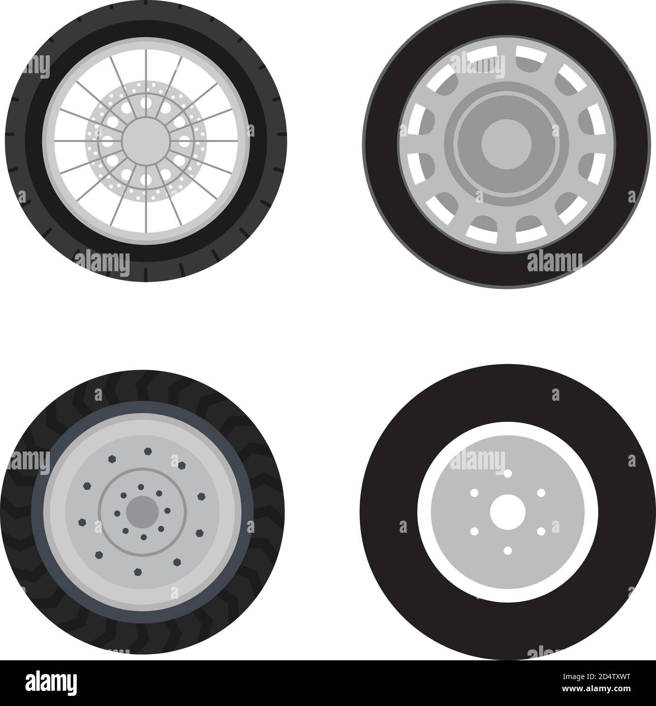 Set of automobile spare parts. A wheel with the tire of a different ...