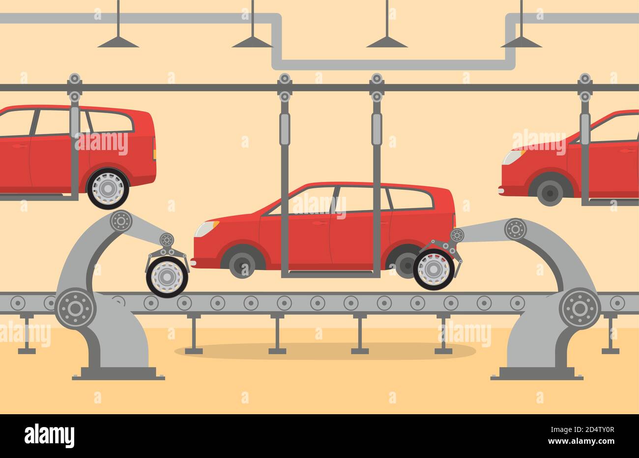 The factory conveyor on assembly of cars robots in flat style a vector ...