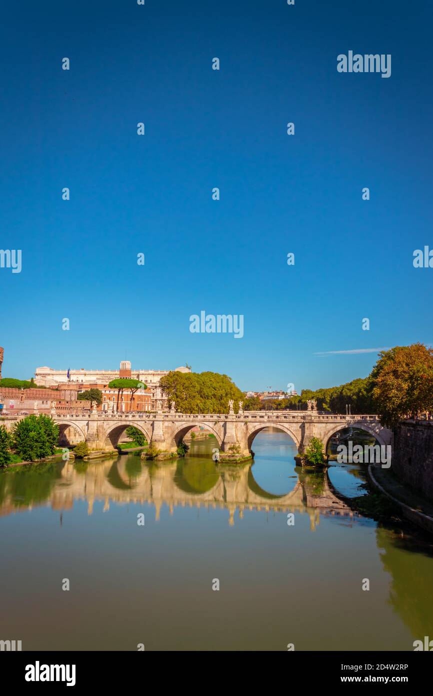 View of the Tiber river in Rome City with bridge crossing the river ...