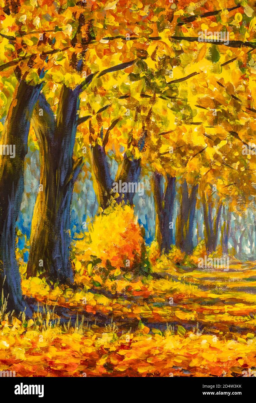 Vertical autumn oil painting big old trees oak in autumn park forest ...