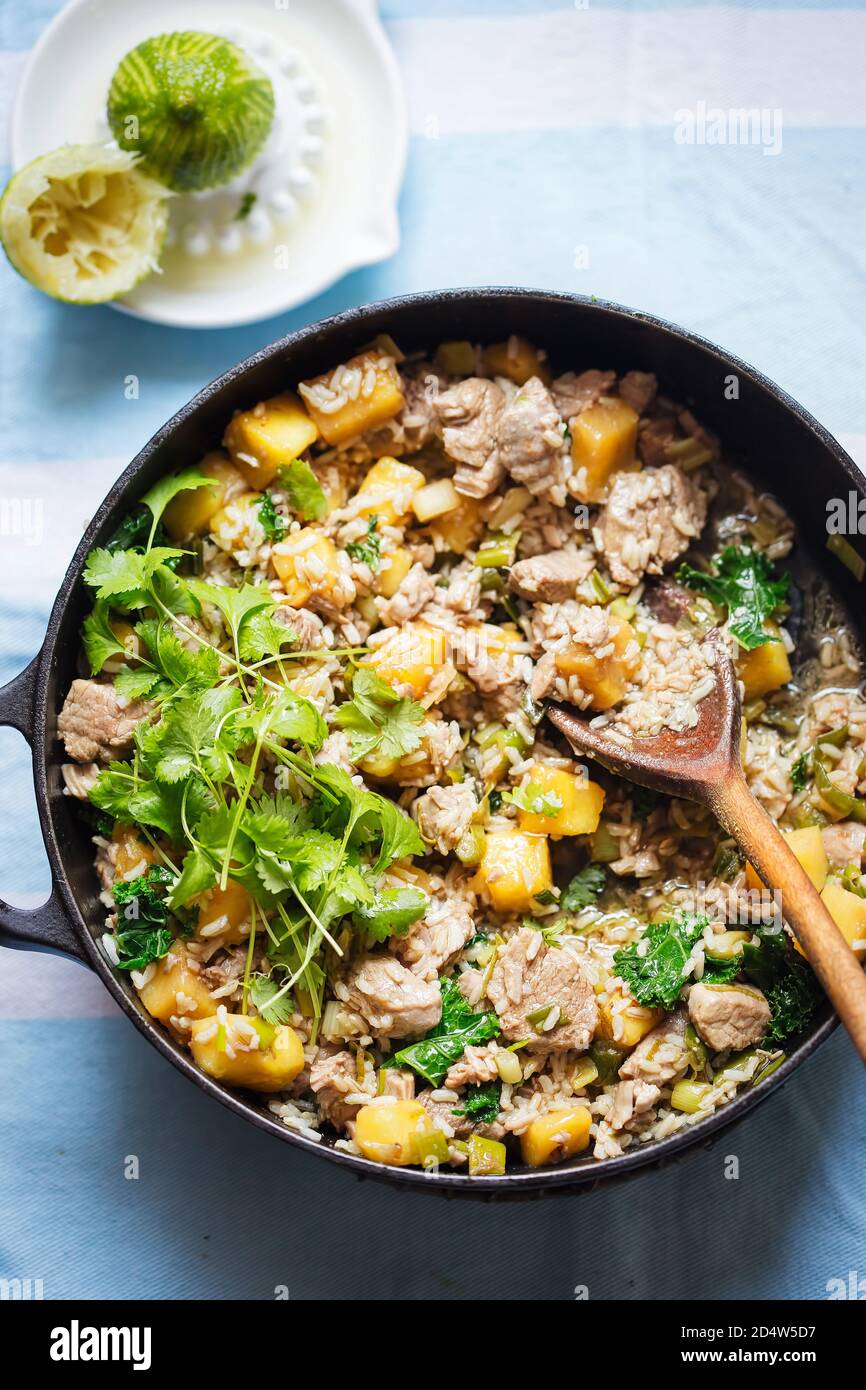Pork spring onion, pineapple stir fry with coriander Stock Photo - Alamy