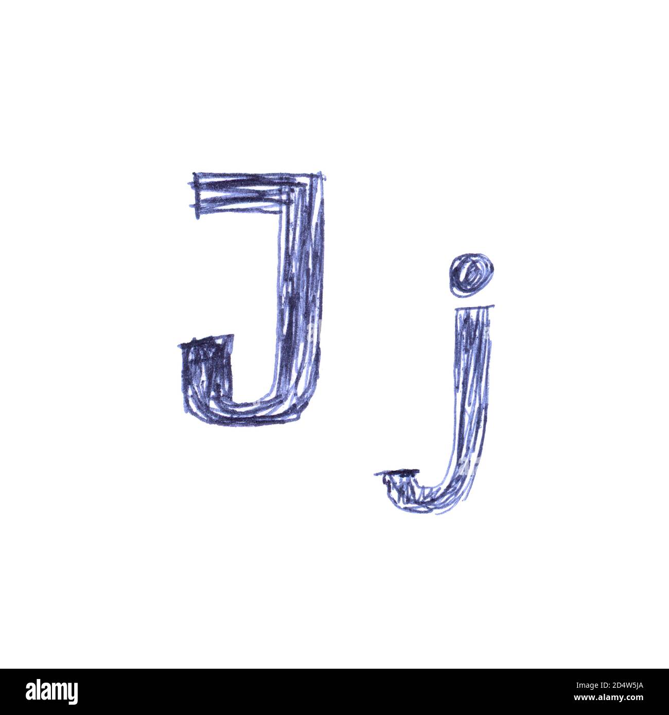 Jj - letter of the alphabet drawn by hand with a blue ballpoint pen. A ...