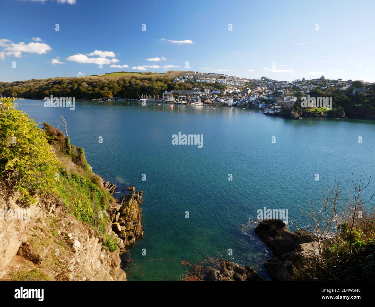 Autumn light on the mouth of the River Fowey, Cornwall, looking across ...