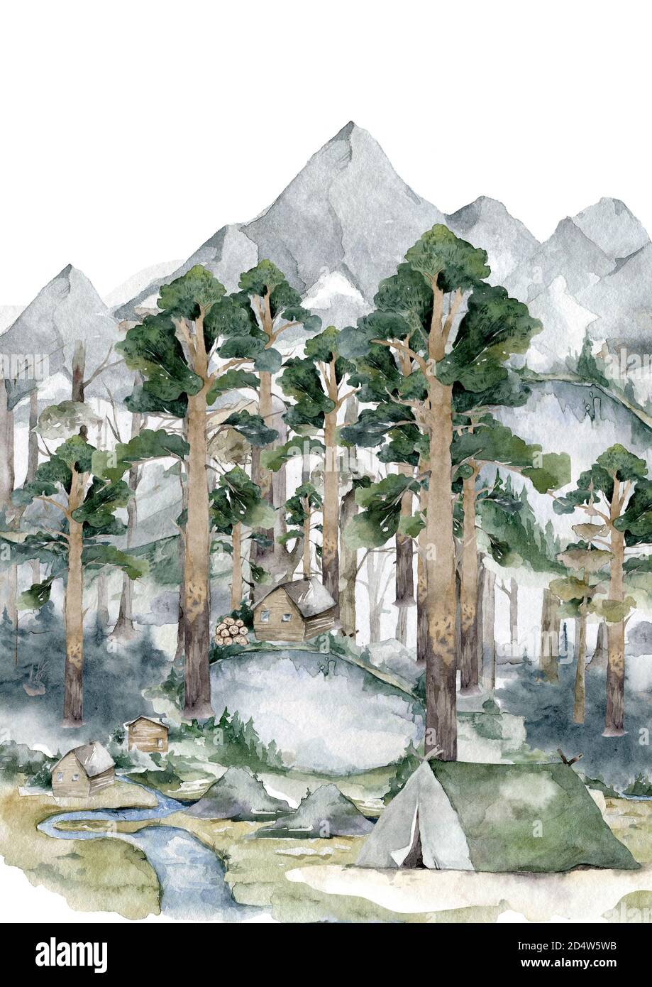 Hand drawn watercolor tent in the forest with tree camping design ...
