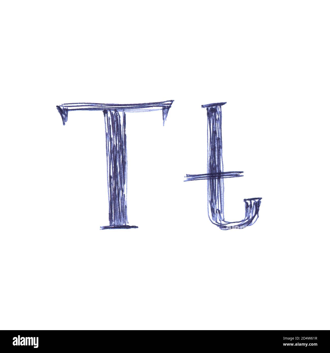 Tt - letter of the alphabet drawn by hand with a blue ballpoint pen. A ...