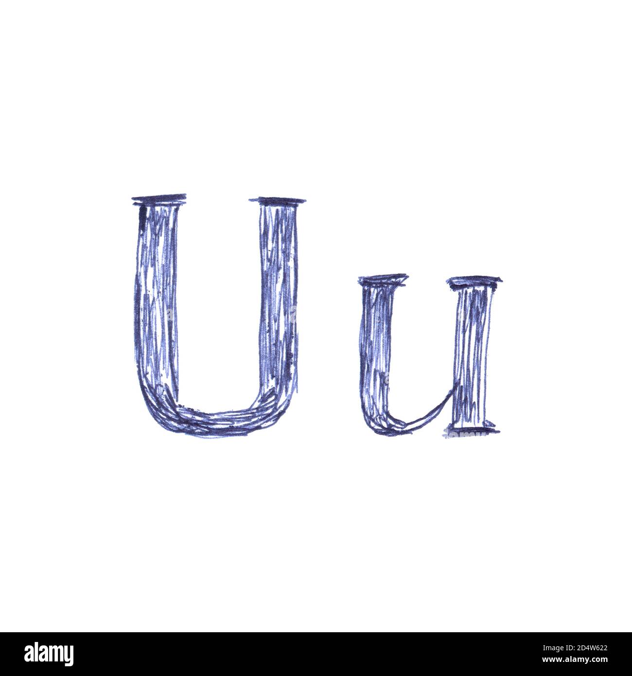 Uu - letter of the alphabet drawn by hand with a blue ballpoint pen. A ...