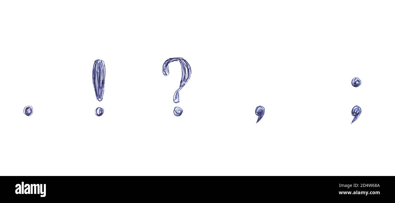 Punctuation marks, hand-drawn in blue ballpoint pen. Set of letters ...