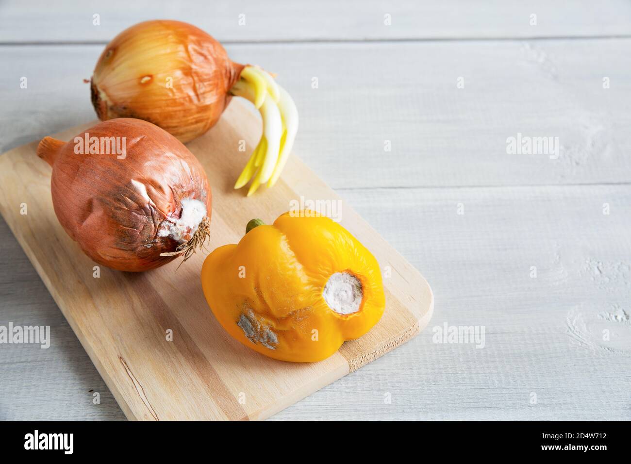 The whole spoiled, rotten vegetableson a wooden board on a white ...