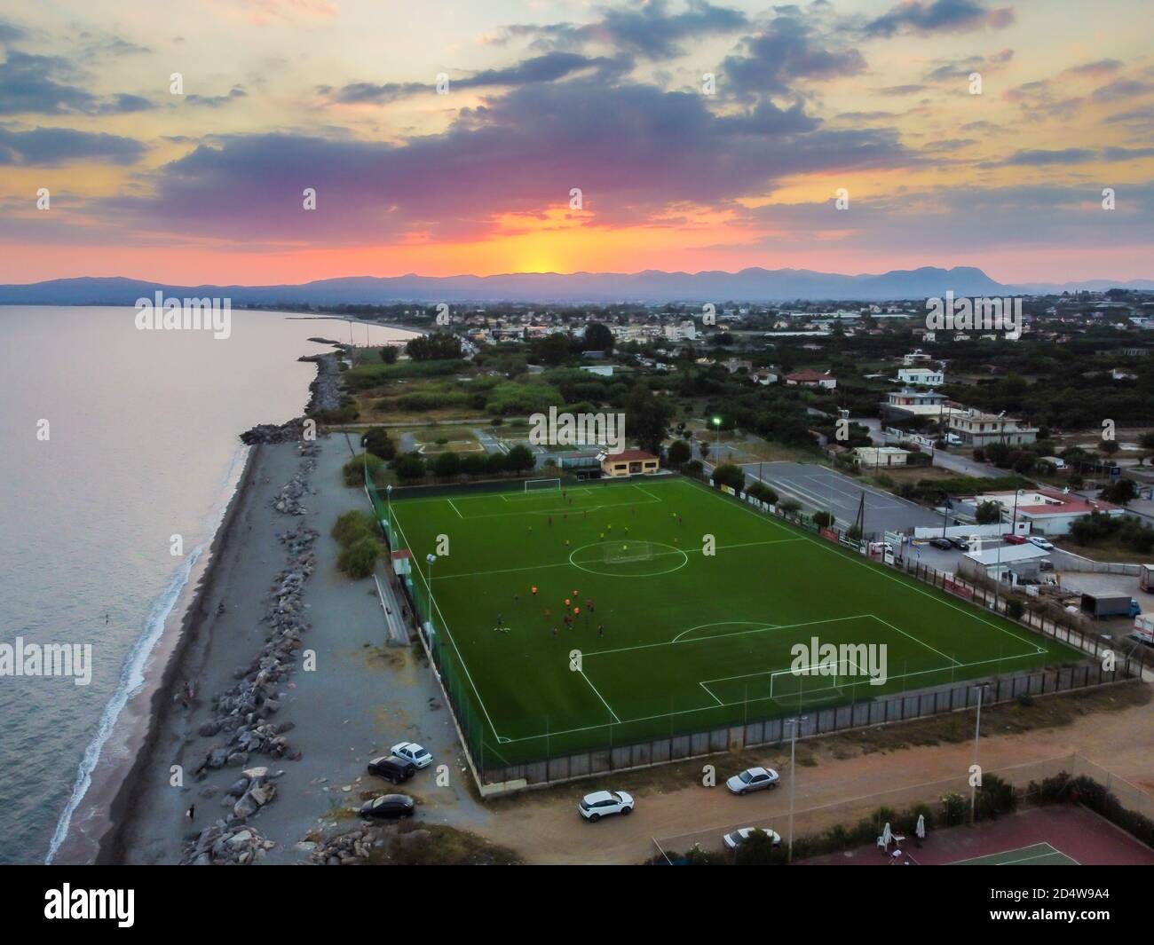 Aerial view of football field at dusk in Kalamata, Greece Stock Photo ...