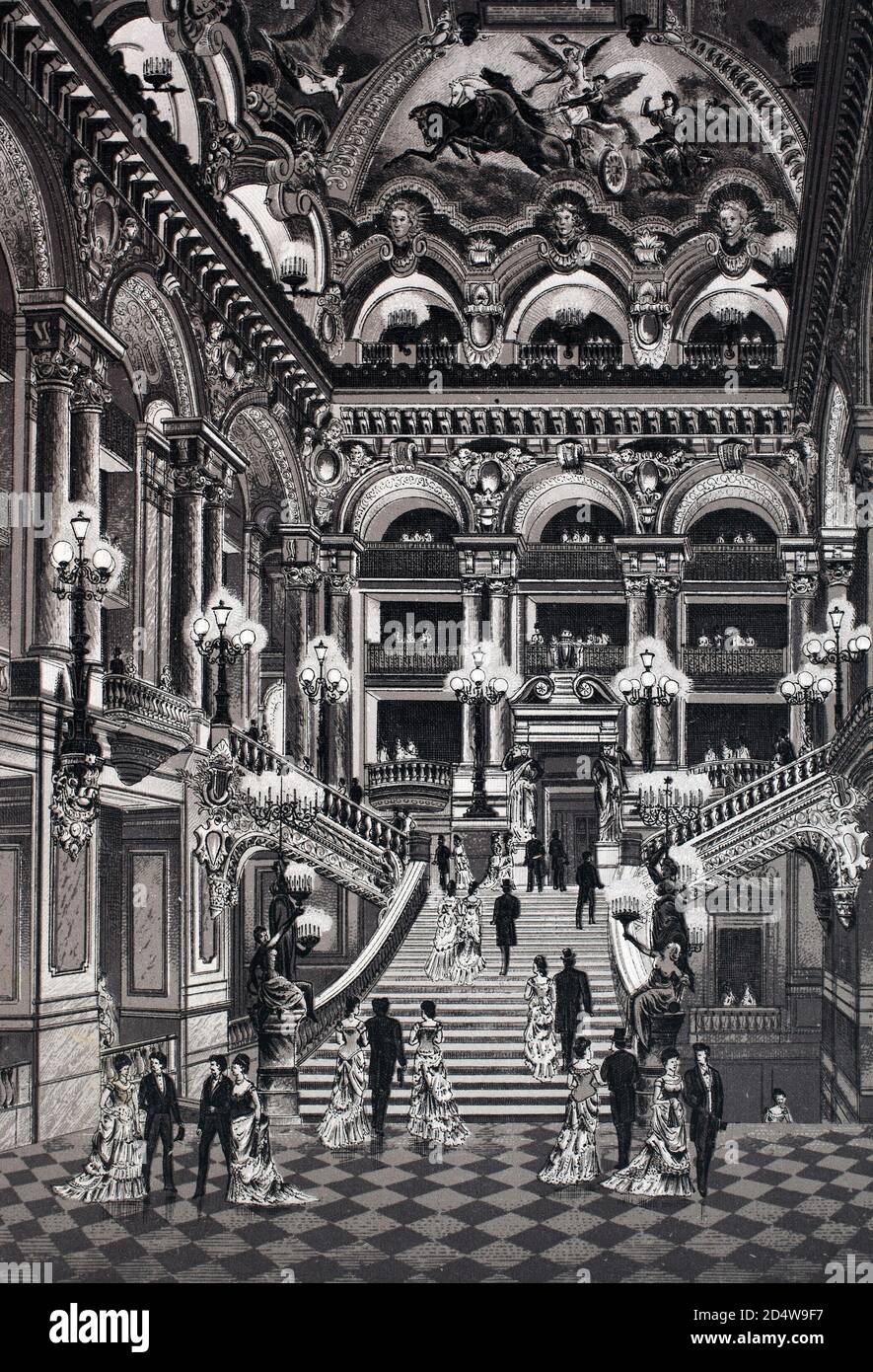 Opera, staircase, stairway, Paris, France, historic copper-plate ...
