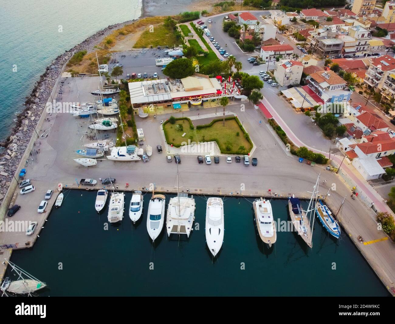 Aerial view of Kalamata marina with luxury yachts in line at dusk Stock ...
