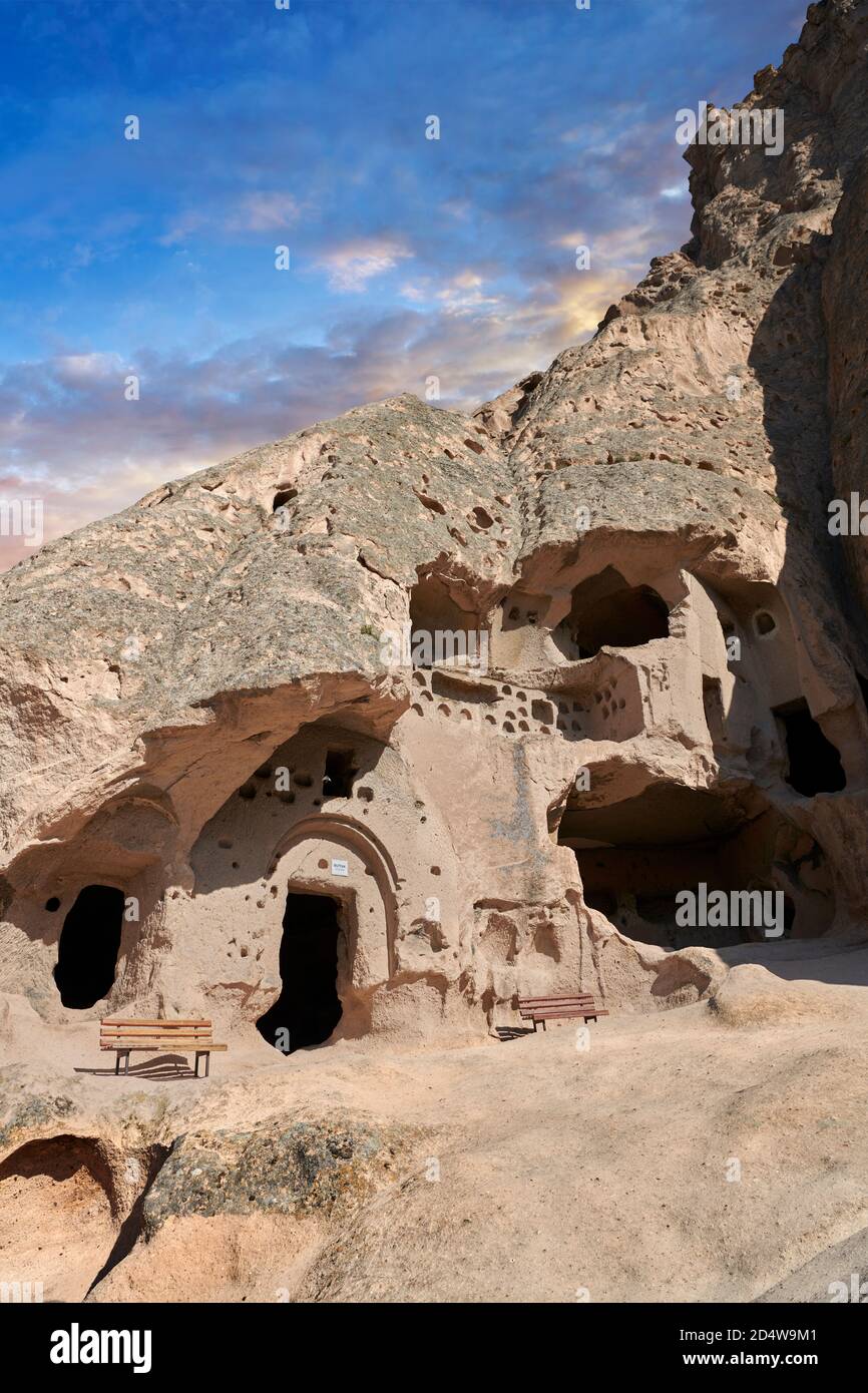 Exterior view of the early Christian rock monastery in volcanic rock ...