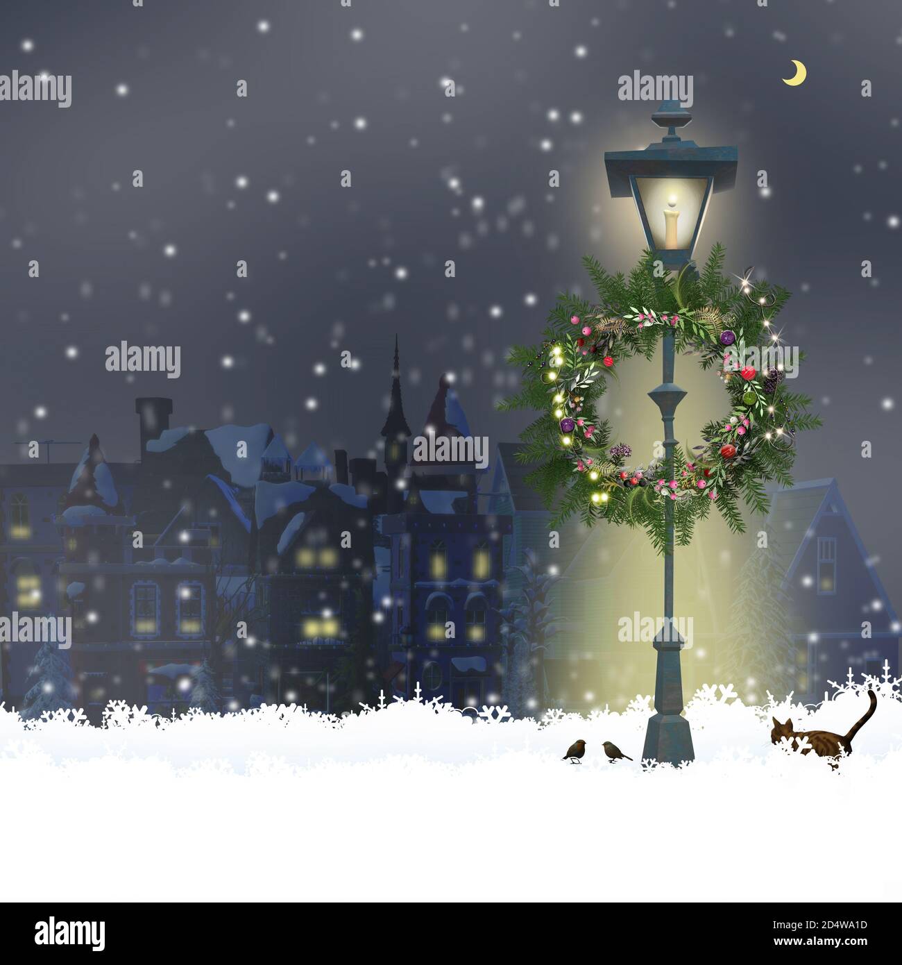 Christmas magic night with old cityscape, snow, street lights, floral ...