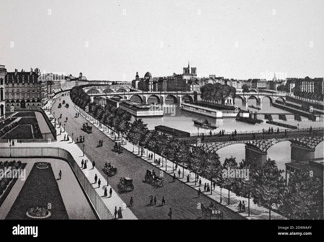 Paris, Pont des Arts en la Seine, France, historic copper-plate etching ...