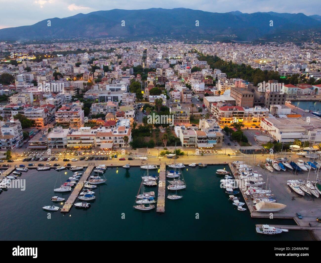 Aerial view of Kalamata marina with luxury yachts in line at dusk Stock ...