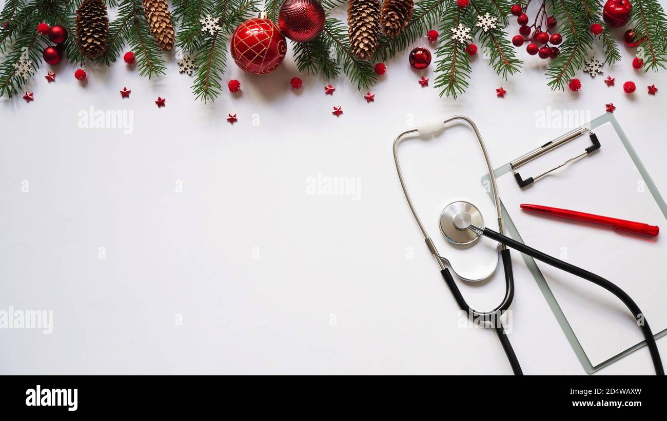 Christmas medical banner fir branches, cones, red balls, snowflakes ...