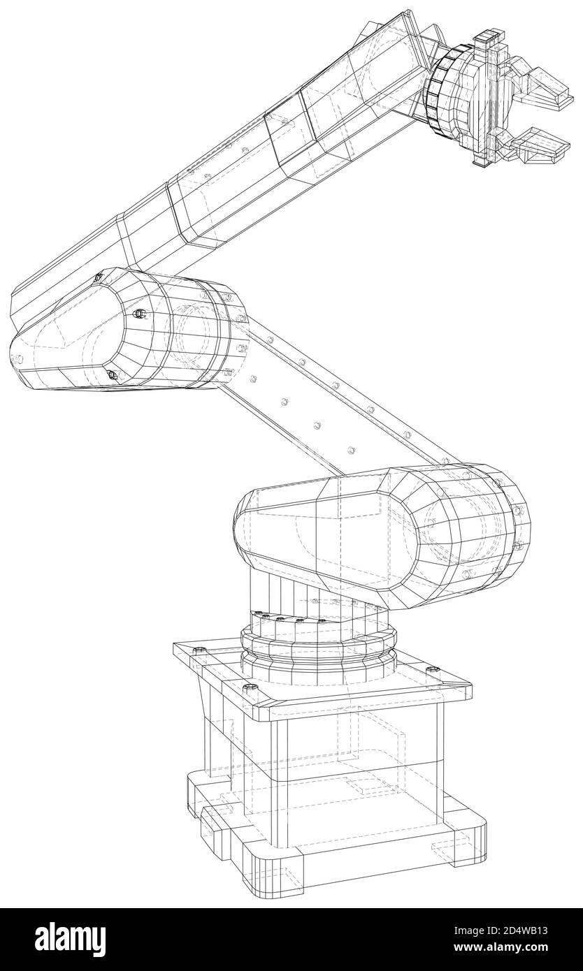 Industrial Robotic Arm Hand isolated on white. Technical wire-frame ...