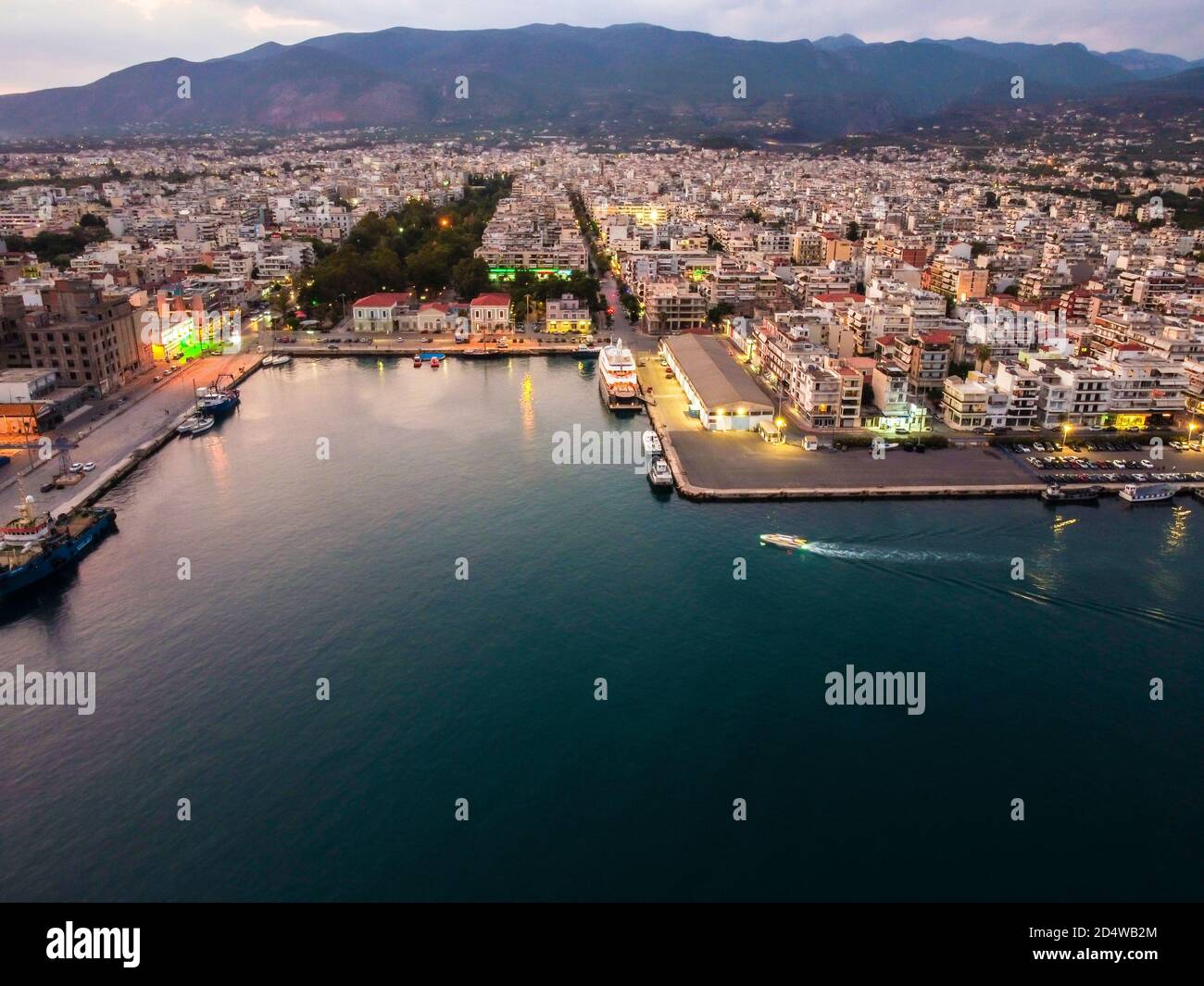 Aerial view of Kalamata port at dusk, one of the biggest ports in ...