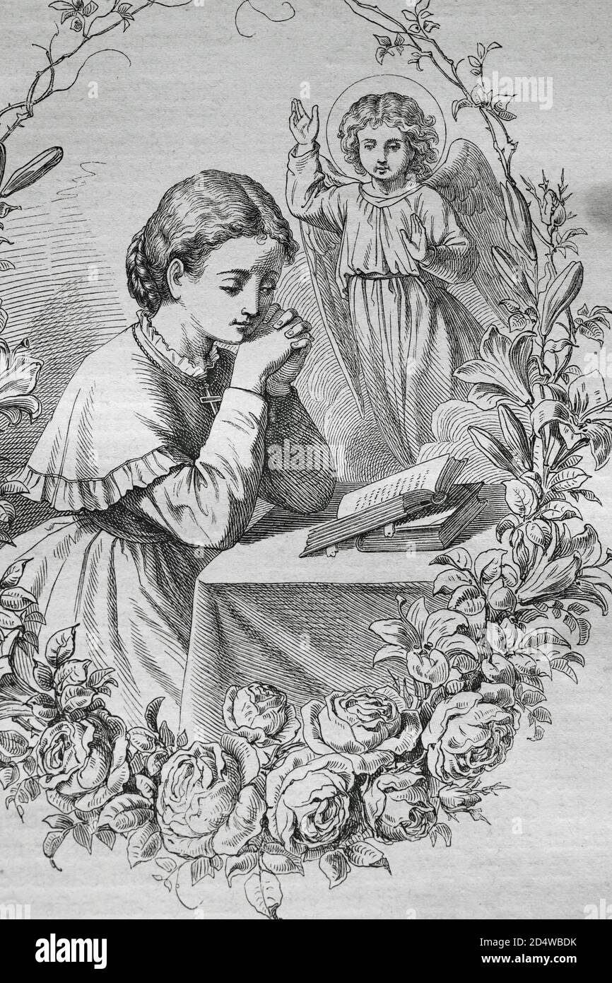 praying child with an angel, historical steel engraving from an old ...