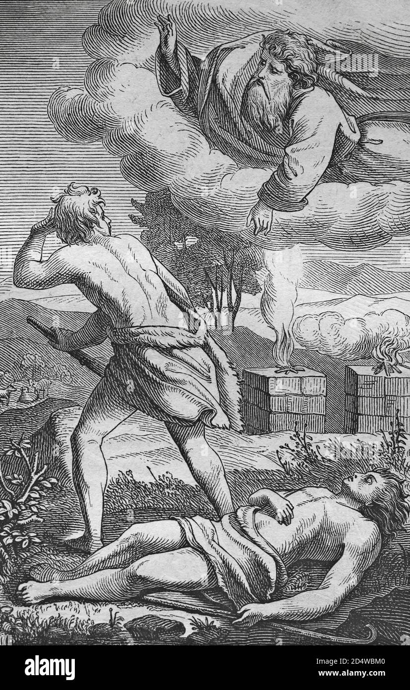 Cain wants to flee from God, historical steel engraving from the year ...
