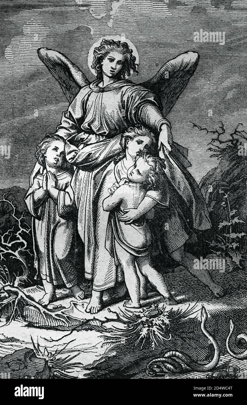 The guardian angel of the children, historical steel engraving from the ...