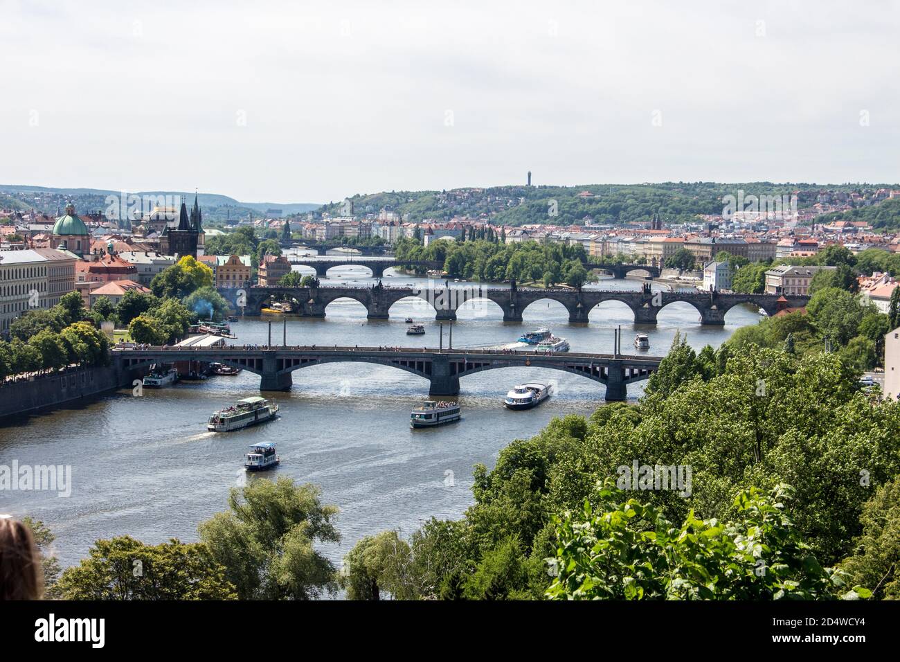 Prague panorama charles bridge river from mountain skyview Stock Photo ...